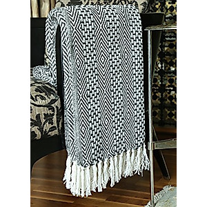 RAJRANG BRINGING RAJASTHAN TO YOU Cotton Farmhouse Throw - 50x60 Inches - Woven Knitted Blanket with Decorative Tassel for Sofa and Couch Charcoal Grey
