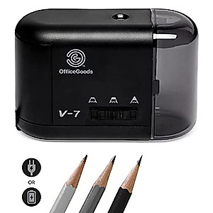 OfficeGoods Electric Pencil Sharpener - Battery or Cord Powered Portable Sharpener - Perfectly Sharpens Colored Pencils, Drafting Pencils for Artists, Office, School & Home - Black