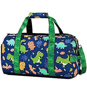 LOIDOU Duffle Bag for Boys Sport Gym Bag Kids Overnight Bag Girls Weekender Bag with Wet Pocket & Shoe Compartment (Dinosaur Navy)