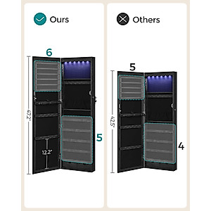 SONGMICS 6 LEDs Mirror Jewelry Cabinet, 47.2-Inch Tall Lockable Wall or Door Mounted Jewelry Armoire Organizer with Mirror, 2 Drawers, 3.9 x 14.6 x 47.2 Inches, Black UJJC093B01