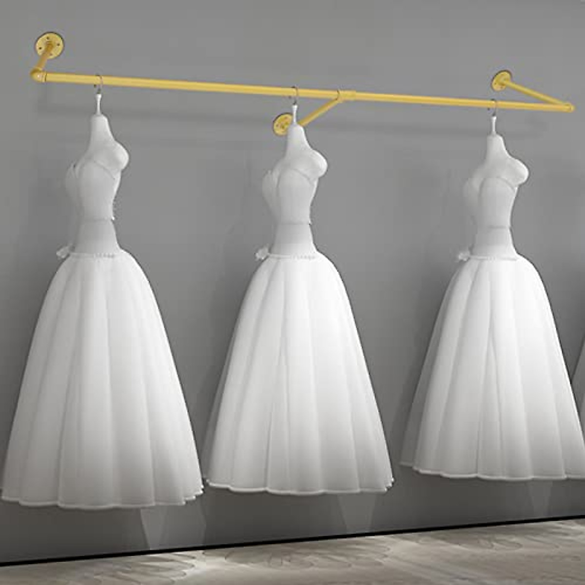 47"Gold Industrial Pipe Wall Mounted Clothing Racks for Boutique, Hanging Shelves System Metal Garment Rack Stand Bridal Wedding Dress Organization Closet Rod Retail Display Rack Storage Towel Rack