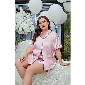 SWOMOG Women's Plus Size Silk Pajamas Button Down Top Pj Satin Shorts Loungewear 2 Pieces Short Sleeve Sleepwear with Pockets Pink