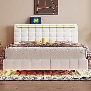 Goujxcy Queen Size Floating Bed Frame with LED Lights and USB Charging, Modern Upholstered Platform LED Bed Frame with Button Tufted Headboard (White 1+PU)