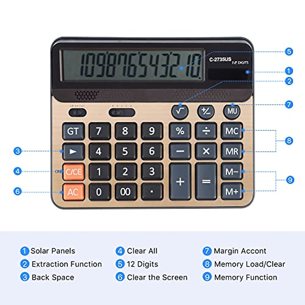 Calculators, Solar Battery Calculator Dual Power Large Standard Function Desktop Business Calculator with 12 Digit Large LCD Display Convenient for Office Home Student Finance Accounting- Gold