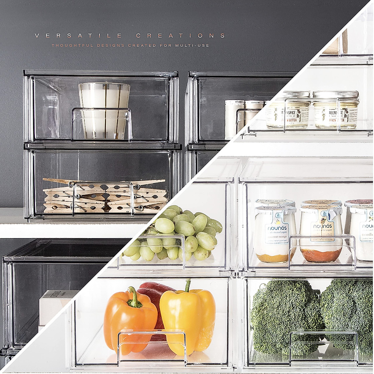 BINO | Stackable Storage Drawer | THE CRATE COLLECTION | Clear Storage Bins with Drawers for Pantry Shelf Organization and Storage | Fridge Organizer | Stackable Storage Bins for Organization | Large