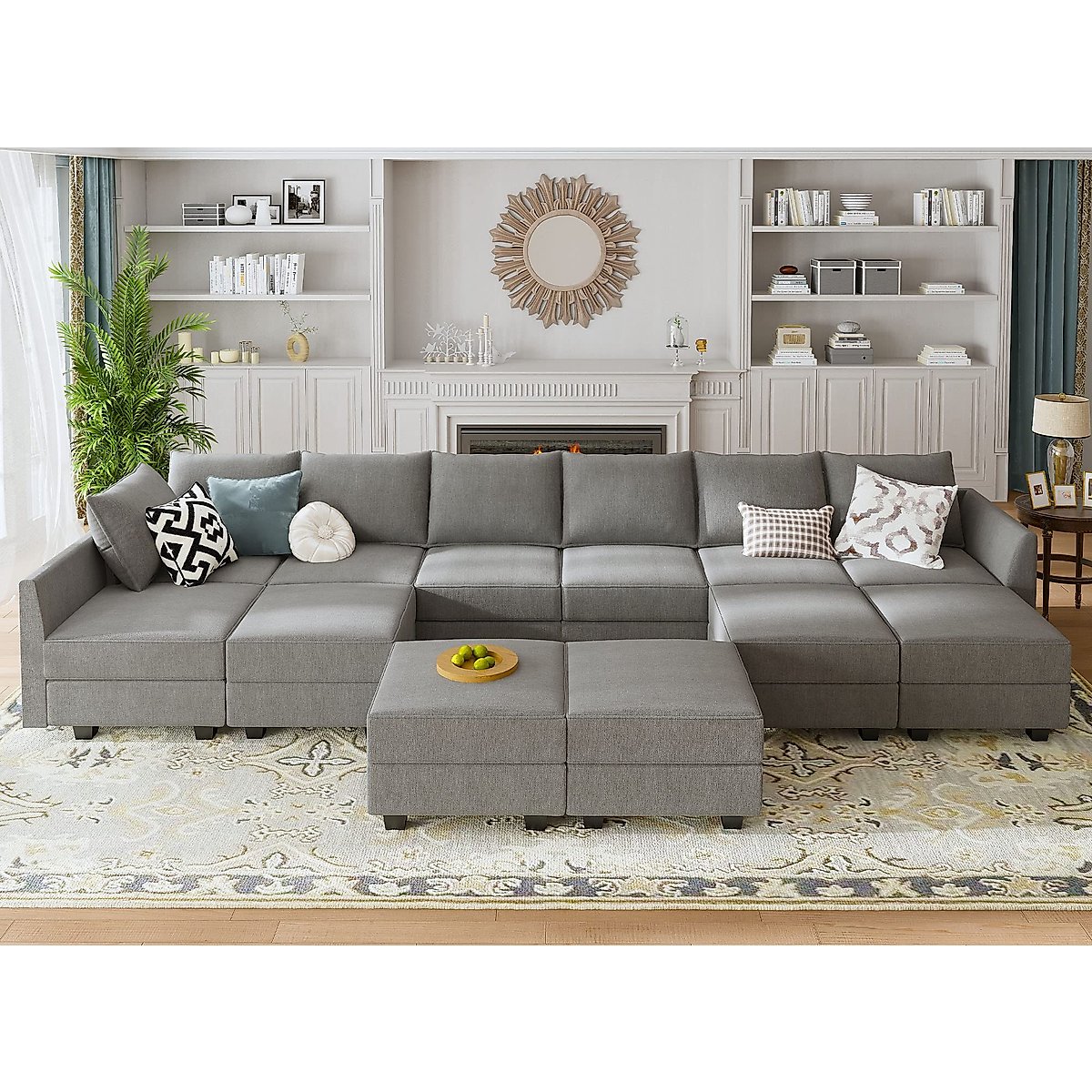 HONBAY Modular Sofa Couch with Storage Seats U Shaped Modular Sectional Sofa with Reversible Chiase Oversized Modular Sofa Sleeper Set with Ottomans, Grey