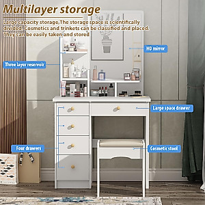 FUFU&GAGA Vanity Set with Mirror, Makeup Vanity Dressing Table with 5 Drawers, Shelves, Dresser Desk & Cushioned Stool Set (White, No Light)