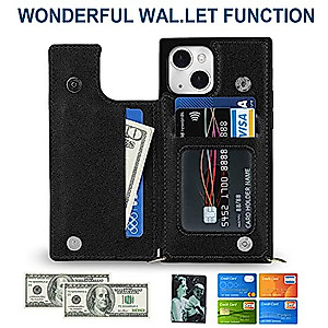 DEFBSC Compatible with iPhone 14 Case, Crossbody Wallet Case, Adjustable Detachable Lanyard Neck Strap with Kickstand Leather Card Holder Protective Cover for iPhone 14 6.1"-Black