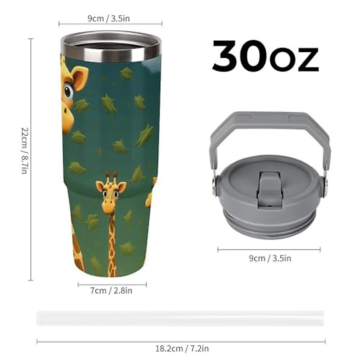 30oz Stainless Steel Insulated Tumbler with Flip Lid & Straw, Leakproof Travel Mug for Car, Cartoon Giraffe Double Wall Vacuum Thermal Coffee Cup with Handle, Spill-Proof Design for Hot/Cold Drinks