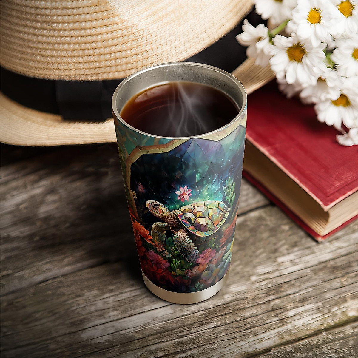 20oz Stained Glass Flower Sea Turtle Tumbler, Gifts for Turtle Lovers, Ocean, Beach Gifts, Coffee Thermos for Women, Stainless Steel Double Wall Vacuum Insulated Coffee Mug, Travel Cup with Lid