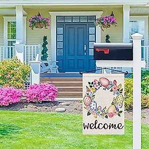 Welcome Easter Garden Flag 12x18 Inch Burlap Double Sided Outside, Easter Eggs Sign Yard Outdoor Small Decoration DF214
