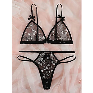 SOLY HUX Women's Sexy Sheer Mesh Lingerie Set See Through Lace Bra and Panty Set Valentines Day Lingerie 2 Piece Solid Black Medium