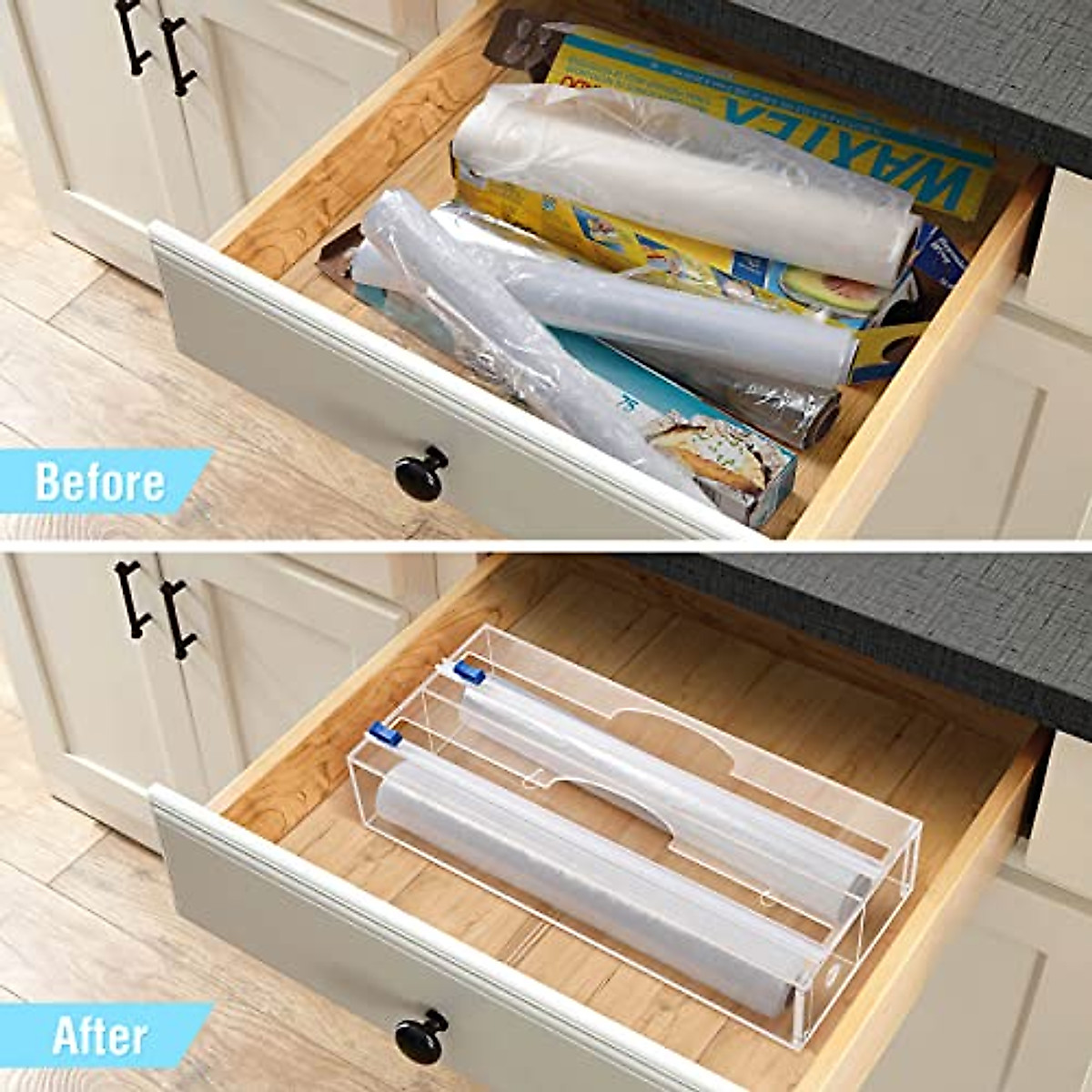 Plastic Wrap Dispenser with Cutter, Acrylic Foil and Plastic Wrap Organizer, Clear Aluminum Foil Dispenser with Cutter for Drawer, Wax Paper Holder with Slide Cutter, Compatible with 13" Roll