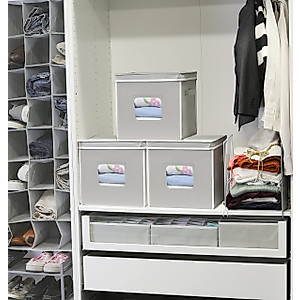 Simple Houseware 3-Pack 12-Inch Cubic Storage Basket w/Lid, Window and Side Handles, Grey