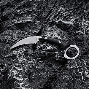 OOULORE Fixed Blade Knife, D2 Stonewashed Steel Blade G10 Handle, Tactical EDC sharp Claw Knife, Utility Knife for Outdoor Survival Hiking Camping with Kydex Sheath OK1213 (Silver)