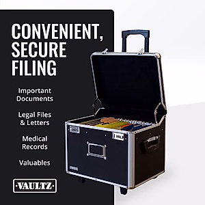 Vaultz Portable File Storage Box with Handle - 14.5" x 17.5" x 15.5" Letter/Legal Size Mobile Lock Box - Double Combination Locking Cabinet - Black