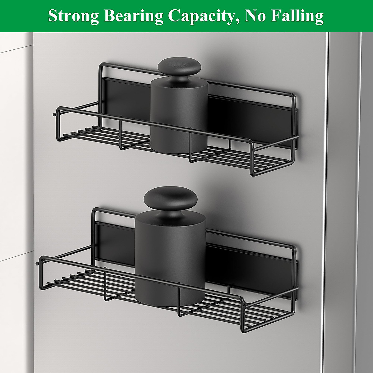 HuggieGems 4 Pack Magnetic Spice Rack Organizer for Refrigerator and Microwave Oven, Metal Fridge Shelf for Kitchen, Black