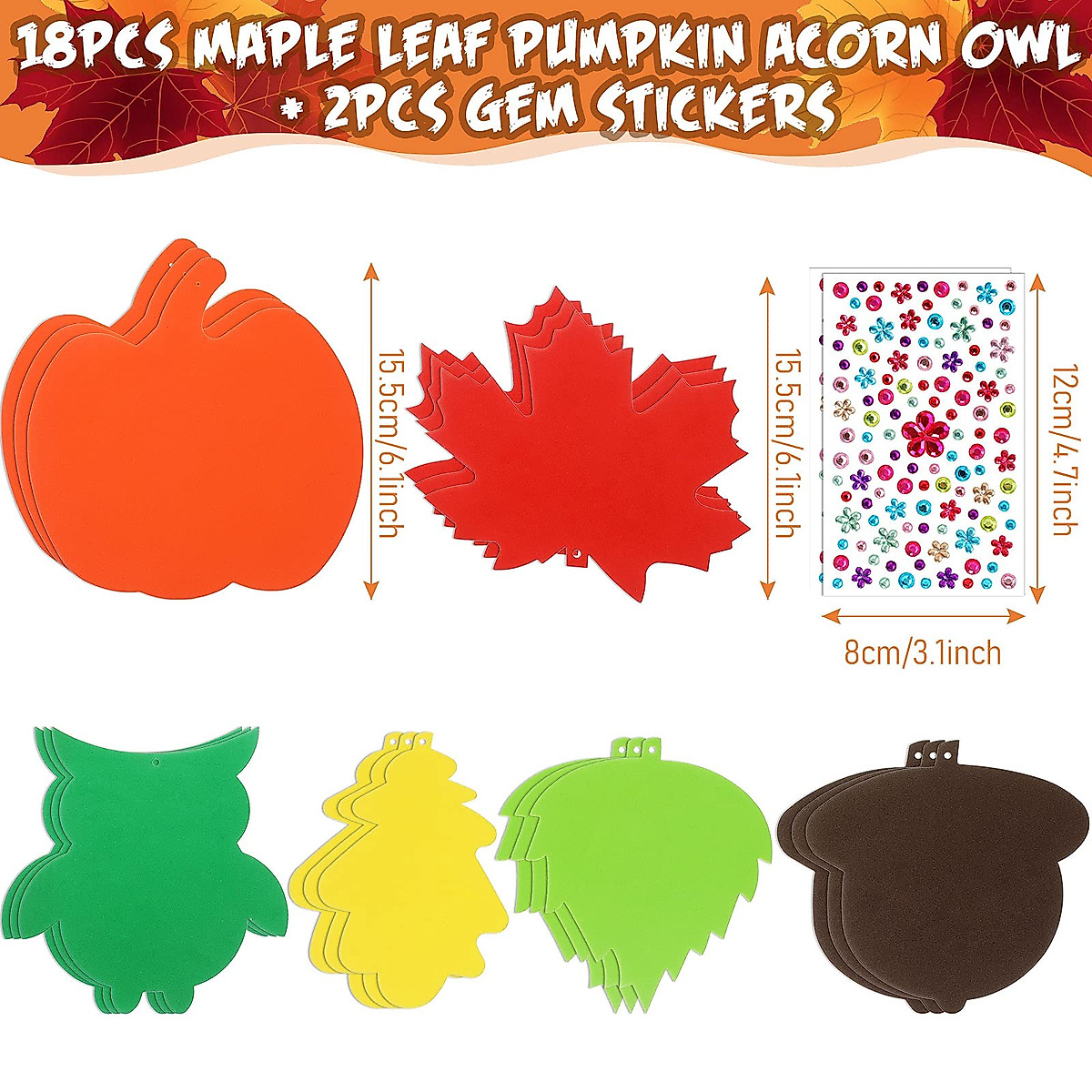 Halloween Foam Pumpkin Craft Kit Decoration Autumn Foam Sticker Set Large Maple Leaf Gem Sticker Self-Adhesive Fall Sticker Craft Kit for Boy Girl Thanksgiving Halloween Party Supplies (18)