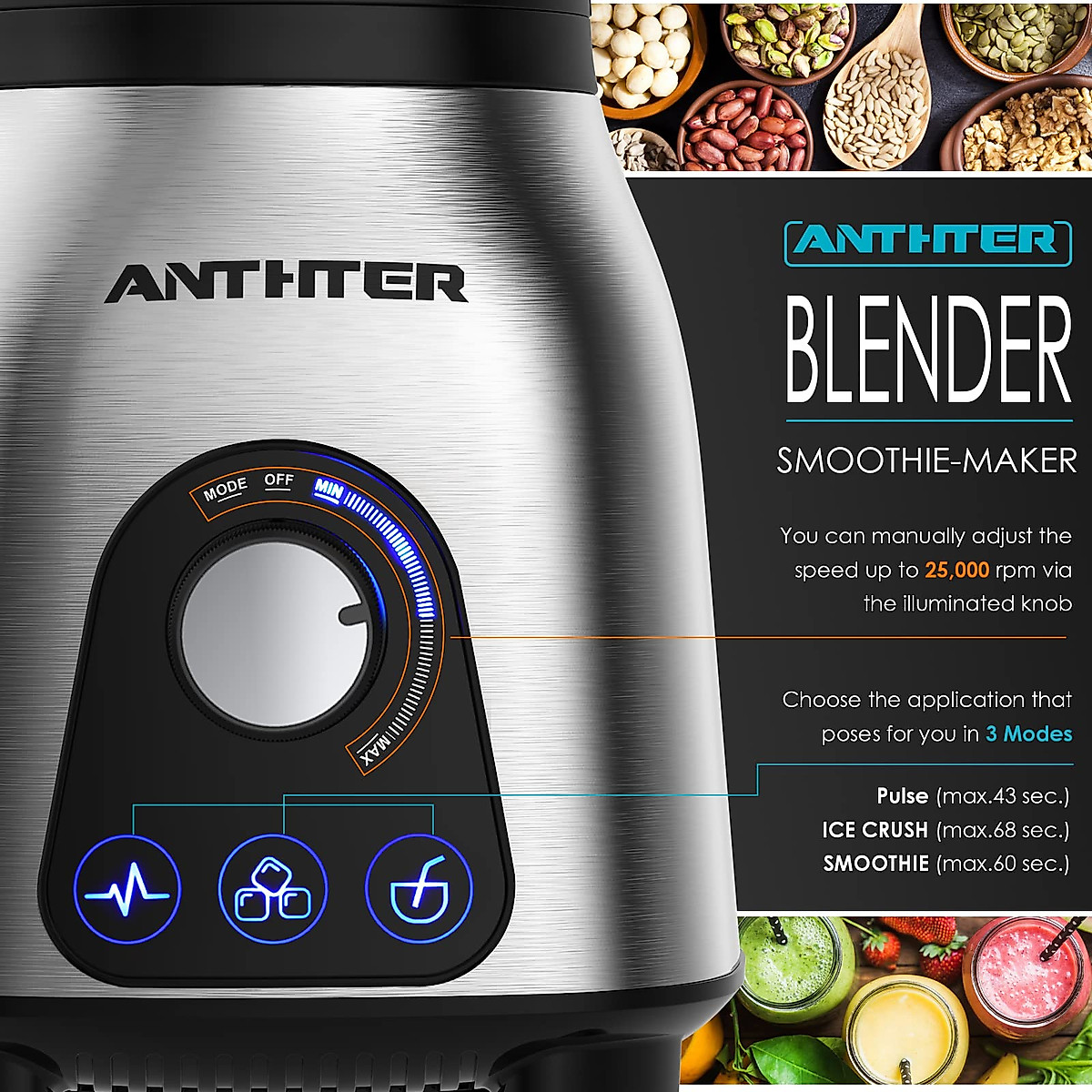 Anthter Professional Blender, 950W High Power Countertop Blenders for Kitchen, 50 Oz Blender Glass Jar for Shakes, Ideal for Smoothies,Crush Ice,Purees,Stainless Steel