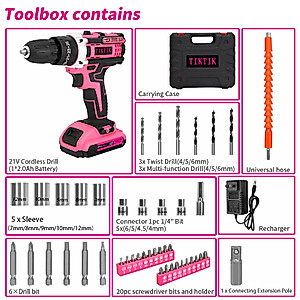 TIKTIK Pink Cordless Drill Set,21V Cordless Power Drill Tool Box with Battery and Charger,Torque 45N,3/8-Inch Keyless Chuck,25+3 Position and Drill Bits,Electric Screwdriver Driver Tool Kit for Women