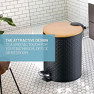 AWENN - Kitchen Garbage Trash Can with Wooden Lid and Pedal - Touchless Round Shape Waste Bin - Stainless Steel Dustbin for Kitchen, Bathroom, Office and Outdoors – Black (1.3 Gallon – 5 Liters)