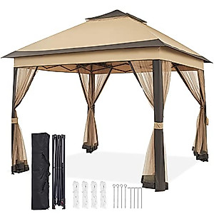 Yaheetech 11'x11' Pop Up Gazebo Outdoor Canopy Shelter Instant Pop Up Patio Gazebo Sun Shade Gazebo Canopy Tent with Double Tiers and Mesh Netting, for Lawn, Garden, Backyard and Deck (Khaki&Brown)