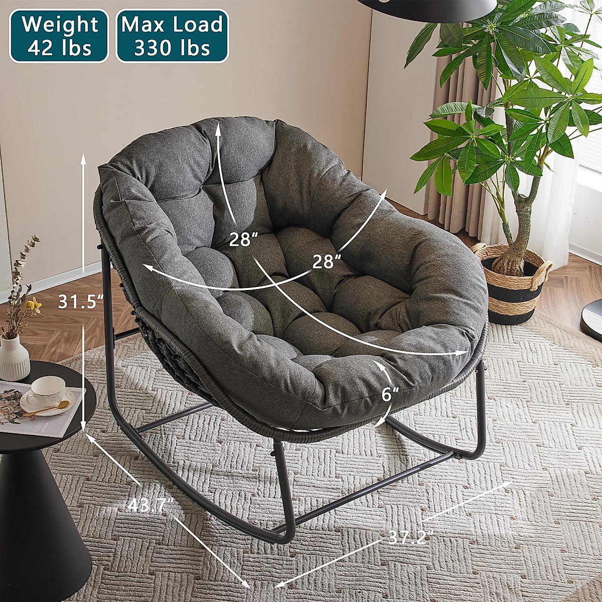YDcosyfy Papasan Rocking Chair with Thick Cushion, Indoor Outdoor Comfy Patio Chair with Upgraded Steel Frame Oversized Wicker Lounge Chair for Front Porch, Garden, Bedroom, Living Room,Grey