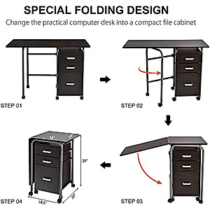 CHEFJOY Folding Computer Study Desk, Home Office Desk with 6 Smooth Wheels & 3 Large Drawers, Mobile Laptop Desk Writing Table for Small Space, Bedroom, Living Room (Brown)