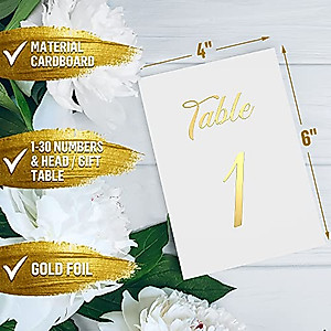 Gold Table Numbers 1-30 for Wedding Reception - Gold Foil Table Number Cards 4x6 Inch with Head & Gift Table - Restaurant Table Numbers - Wedding Numbers for Tables Card Stock Wedding Table Numbers