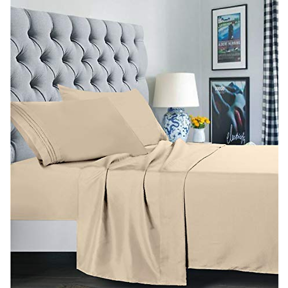 Elegant Comfort ® 1500 Thread Count Egyptian Quality Super Soft WRINKLE FREE & WRINKLE RESISTANT 4 pc Sheet Set, Deep Pocket Up to 18" - All Size and Colors, Queen Beige