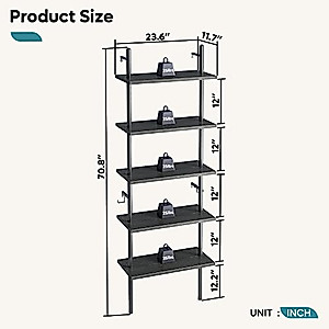 Bestier 70" Ladder Shelf Wall Mounted Industrial 5 Tier Bookshelf Plant Flower Shelf with Round Metal Tube 2 Hooks for Wall Storage Display in Home Office,Kitchen,Bathroom,Black