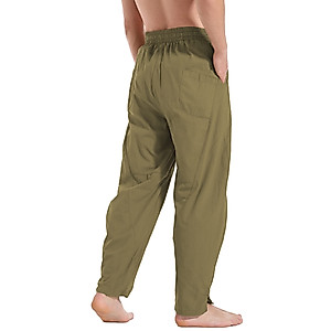 perdontoo Mens Linen Cotton Loose Fit Casual Lightweight Elastic Waist Summer Pants (Medium, Olive)