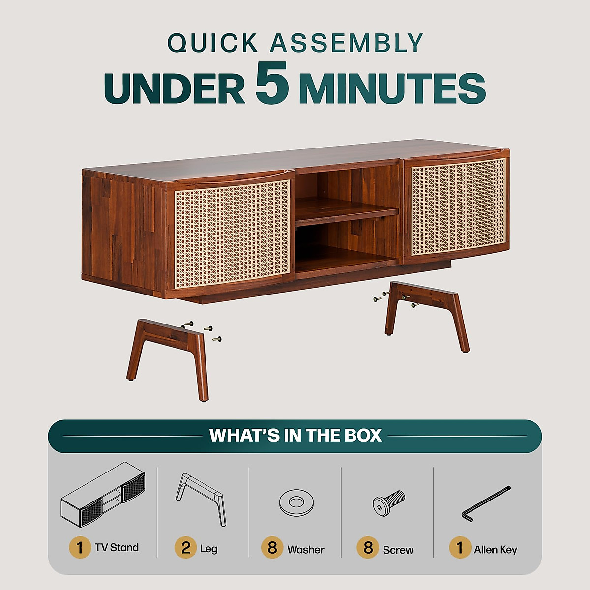 Bme TV Stand with Elegant Curved Shape & Inlaid Rattan, Nancy Solid Wood Tv Stand, Craft to Last Entertainment Center with Smiley Handle & Adjustable Shelf, Mid Century Modern TV Media Console