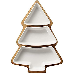 DOITOOL Christmas Ceramic Serving Dish Removable Xmas Tree Snack Appetizer Tray Dessert Platter Porcelain Jewelry Plate with Bamboo Base for Holiday Wedding Home Party White