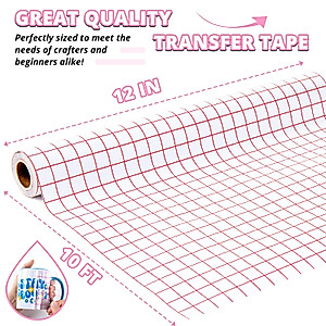 Transfer Tape for Vinyl - 12" x 10 FT w/Red Alignment Grid Clear Transfer Paper for Adhesive Vinyl - Medium Tack Vinyl Transfer Tape for for Decals Signs Windows Stickers