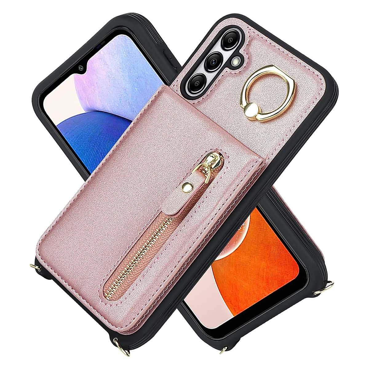 DEYHU Samsung Galaxy A14 5G Case with Card Holder for Women, Galaxy A14 5G Phone Case Wallet with Strap Credit Card Slots Crossbody with Zipper Shockproof Case for GalaxyA14 5G - Rose Gold