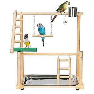 Ozzptuu Bird Playground Natural Wood Small/Medium Parrot Playstand Pet Bird Feeder Perch Stand with Seed Cups Ladder Hanging Swing