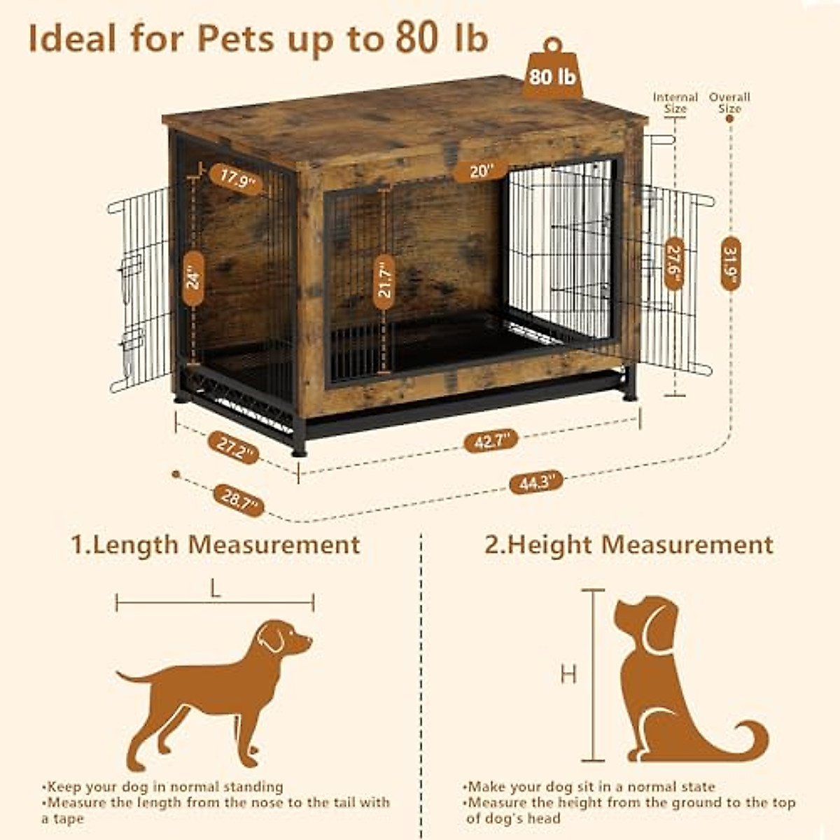 Lamerge Wooden Dog Crate Furniture for Large Dog, Heavy Duty Dog Crate End Table with Pull-Out Tray, 3-Door Dog Kennel, Indoor Pet Furniture, 44.3" L x 28.7" W x 31.9" H, Brown