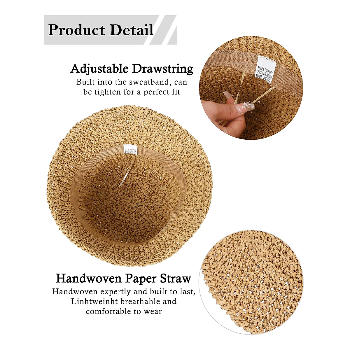 Rulala Fancy Womens Sun Hat Handmade Straw Bucket UV Protection Wide Brim Packable Travel Summer Cap for Beach UPF 50+(Khaki)