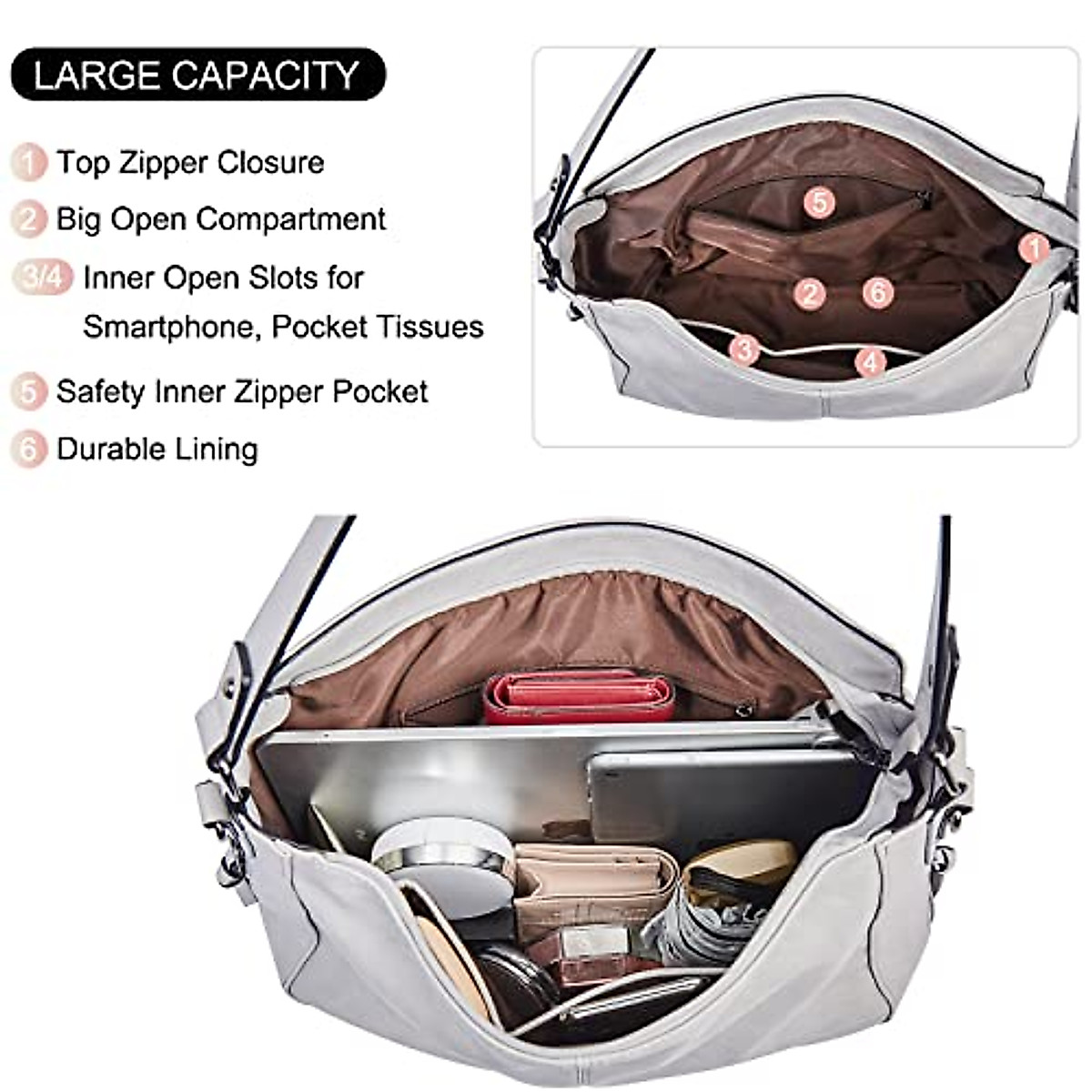 FOXLOVER Leather Hobo Bags for Women Large Crossbody Shoulder Purse Ladies Tote Handbag (Beige)