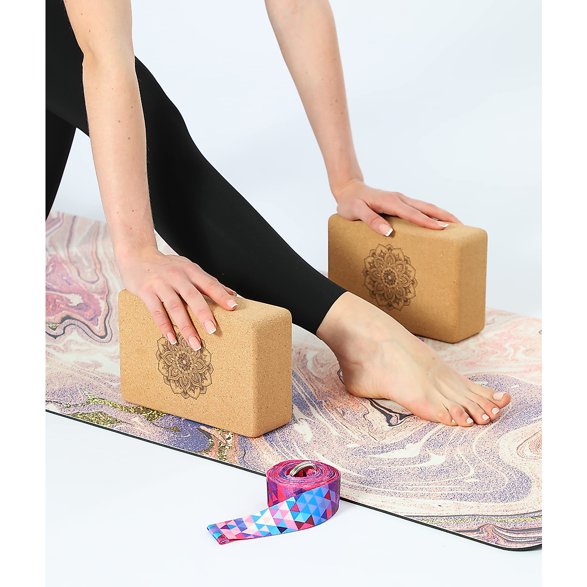Aozora Cork Yoga Block Sustainable & Eco Friendly 2 Pack and Yoga Strap Set Made of The Finest Natural Cork for Better Support, Balance & Comfort (Mandala, 9 * 6 * 3（2pack))