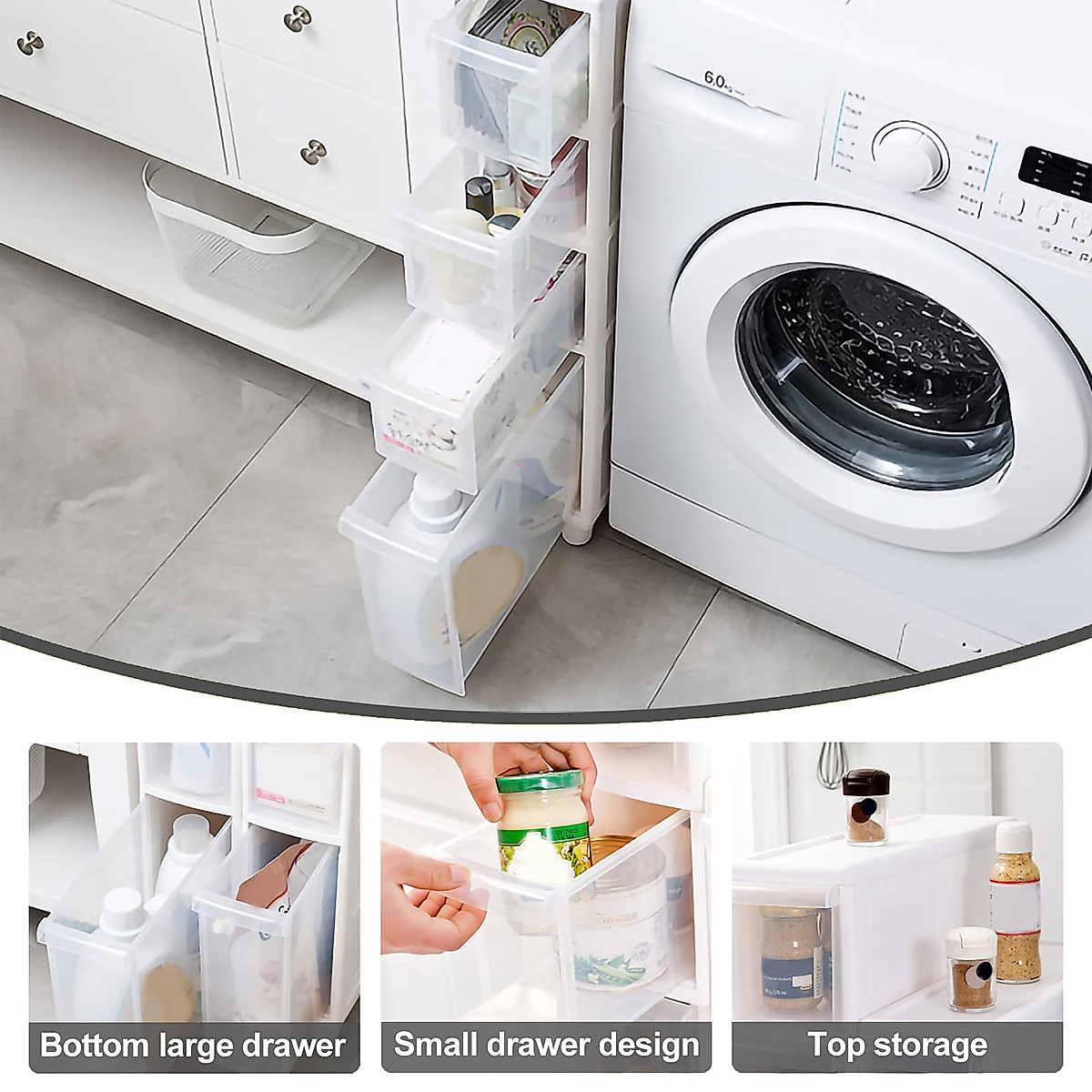 Narrow Tall Floor Cabinet for Bathroom, Vertical Storage Unit with 4 Clear Drawers and Casters, Slim Freestanding Narrow Dresser Tower Storage Drawer Cart, 14cm/22cm Width, Assembly Free