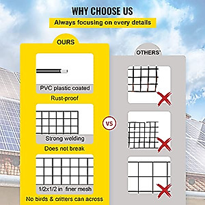 VEVOR Solar Panel Bird Guard 6inch PVC Coated Mesh Roll Kit, Critter Fence,Pigeon Proofing, Black, 6in x 98ft with 100pcs Fasteners, 50pcs Tie Wires