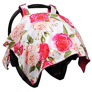 Baby Car Seat Canopy Cover - Hot Pink on White Roses