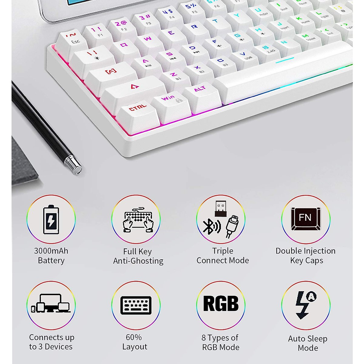 SUPGALIY 60% Mechanical Keyboard Wireless 2.4G/Bluetooth 5.0/Wired Gaming Keyboard 3000mAh 61 Keys RGB Backlit Portable Mini Keyboard for Windows, Mac, Android, iOS (Hot Swappable Blue Switch, White)