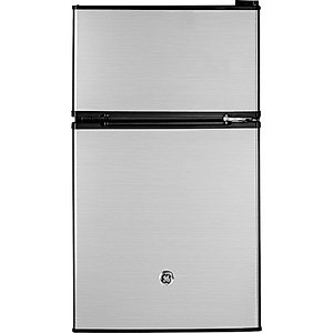 GE Mini Fridge With Freezer | 3.1 Cubic Ft. | Double-Door Design With Glass Shelves, Crisper Drawer & Spacious Freezer | Small Refrigerator Perfect for the Garage, Dorm Room, or Bedroom | Clean Steel