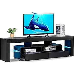Bonzy Home LED TV Stand for 65 Inch TV Entertainment Center Black TV Stand with 16 Colors RGB Light and RF Remote Control Modern TV Media Console for Living Room Bedroom