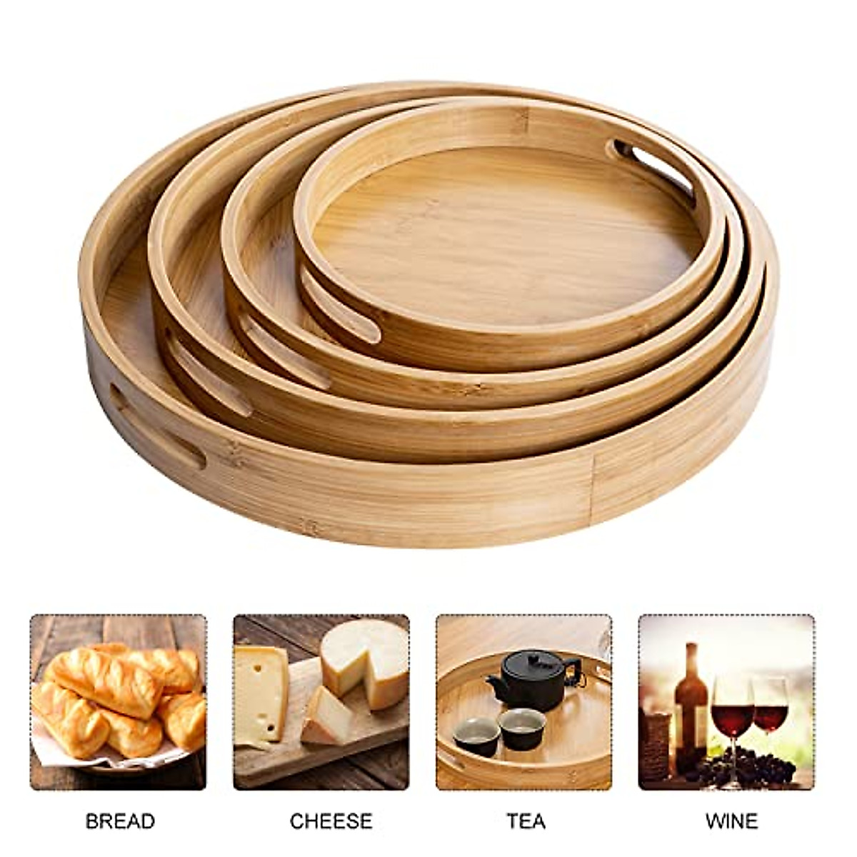 Bamboo Wood Round Tray w/Handles, Tea & Coffee Table Decorative Serving Tray Food Storage Platters for Serving Beverages & Food on Bar Living Room Home Dining Table (C - 35 cm/ 13.78 inch)