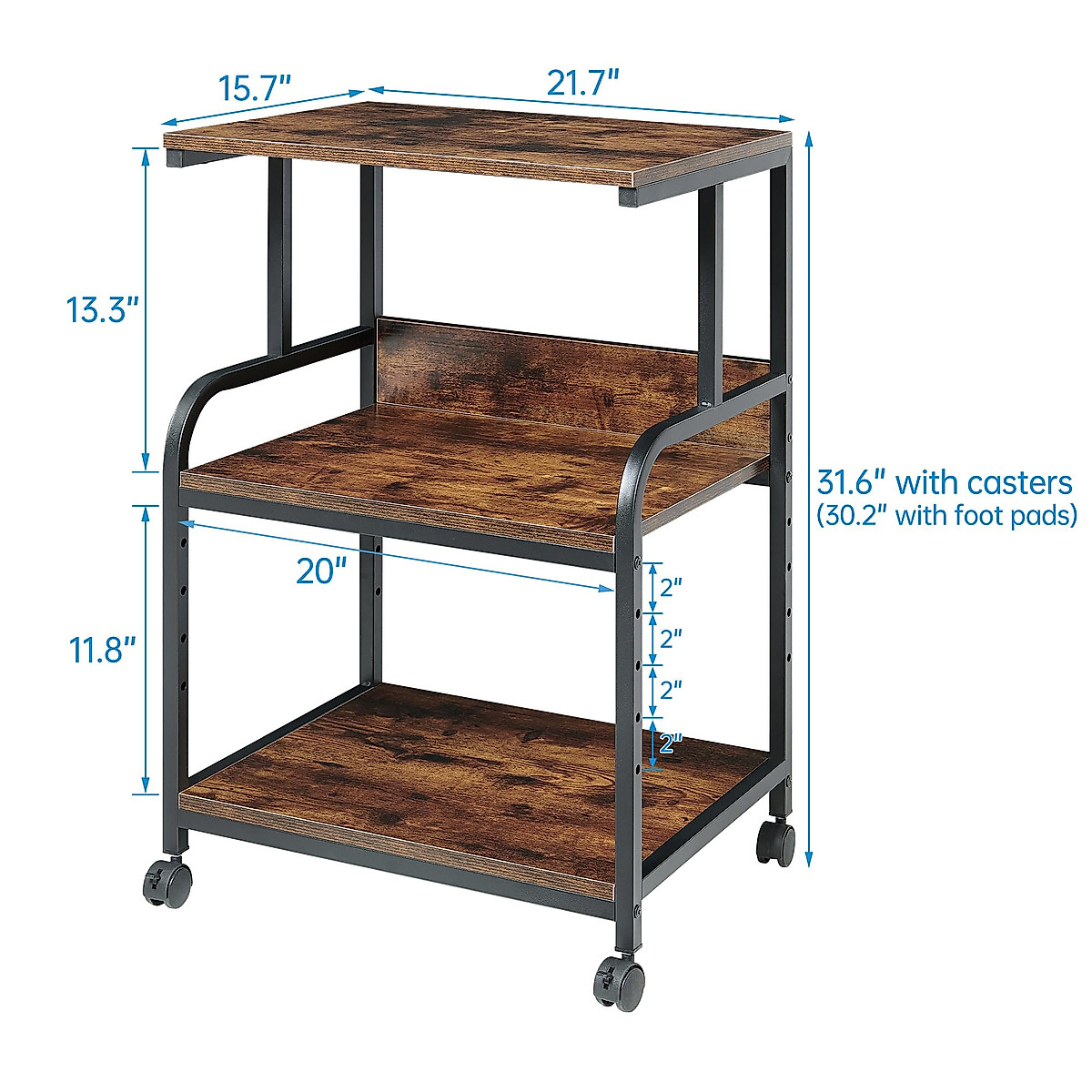 Fannova Printer Stand, 3 Tier Printer Cart with Storage Shelf, Rolling Printer Table with Wheels for Home Office Organization, Stand for Heat Press Microwave, Industrial Style