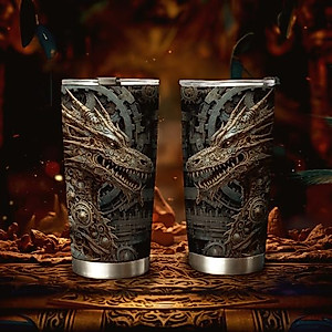 64HYDRO 20oz Steampunk Mechanical Engineer Clockwork Dragon Tumbler, Gaming, Gamer Gifts for Dragon Lovers, Stainless Steel Double Wall Vacuum Insulated Coffee Mug, Travel Cup with Lid - AB